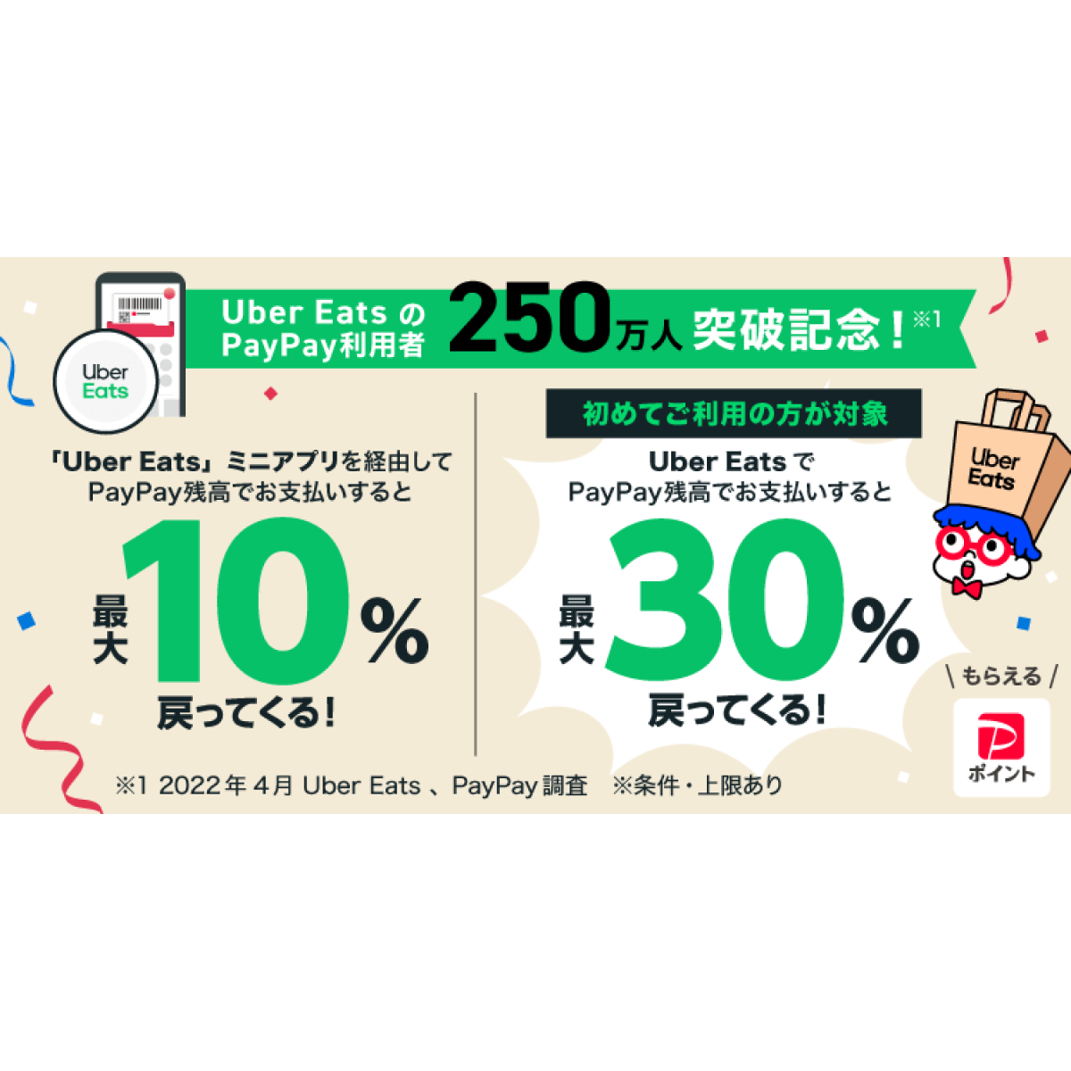 「Uber Eats」への「PayPay」導入2周年、利用者数250万人突破を記念し、キャンペーンを実施！ | PayPay株式会社